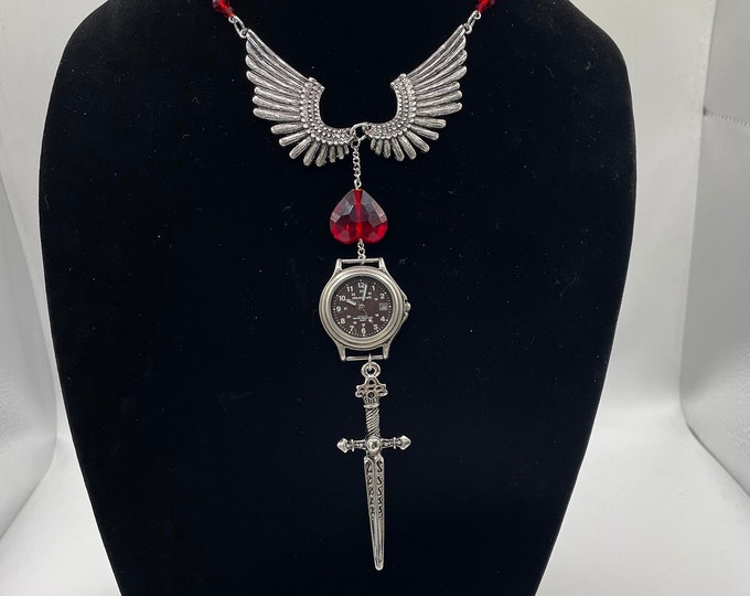 Upcycled Watch Sword Angel Wings Necklace for Valentines Day Gift for ...