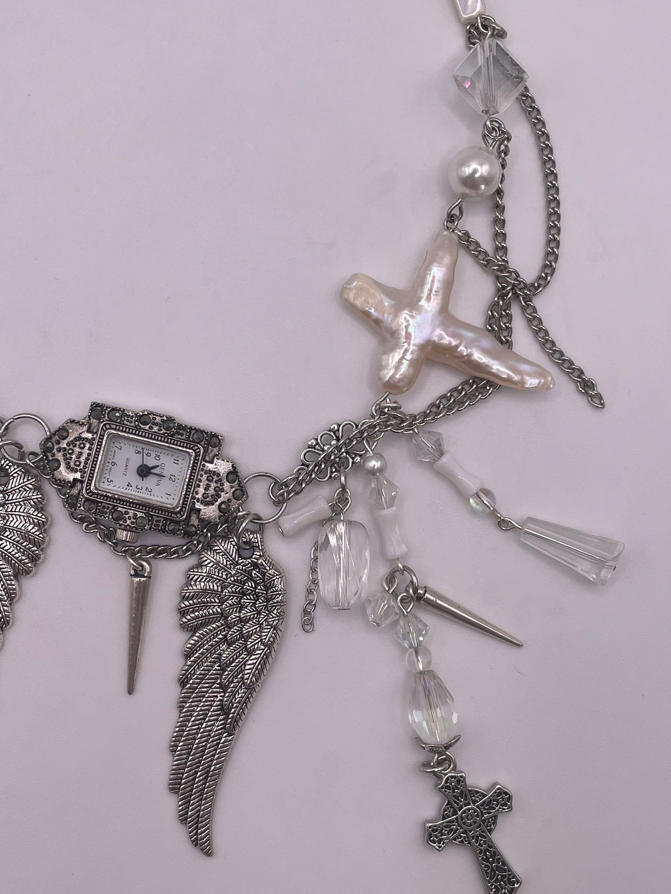 Ethereal Angel Wing Clock Necklace Geneva Clock Face Irregular Pearls ...