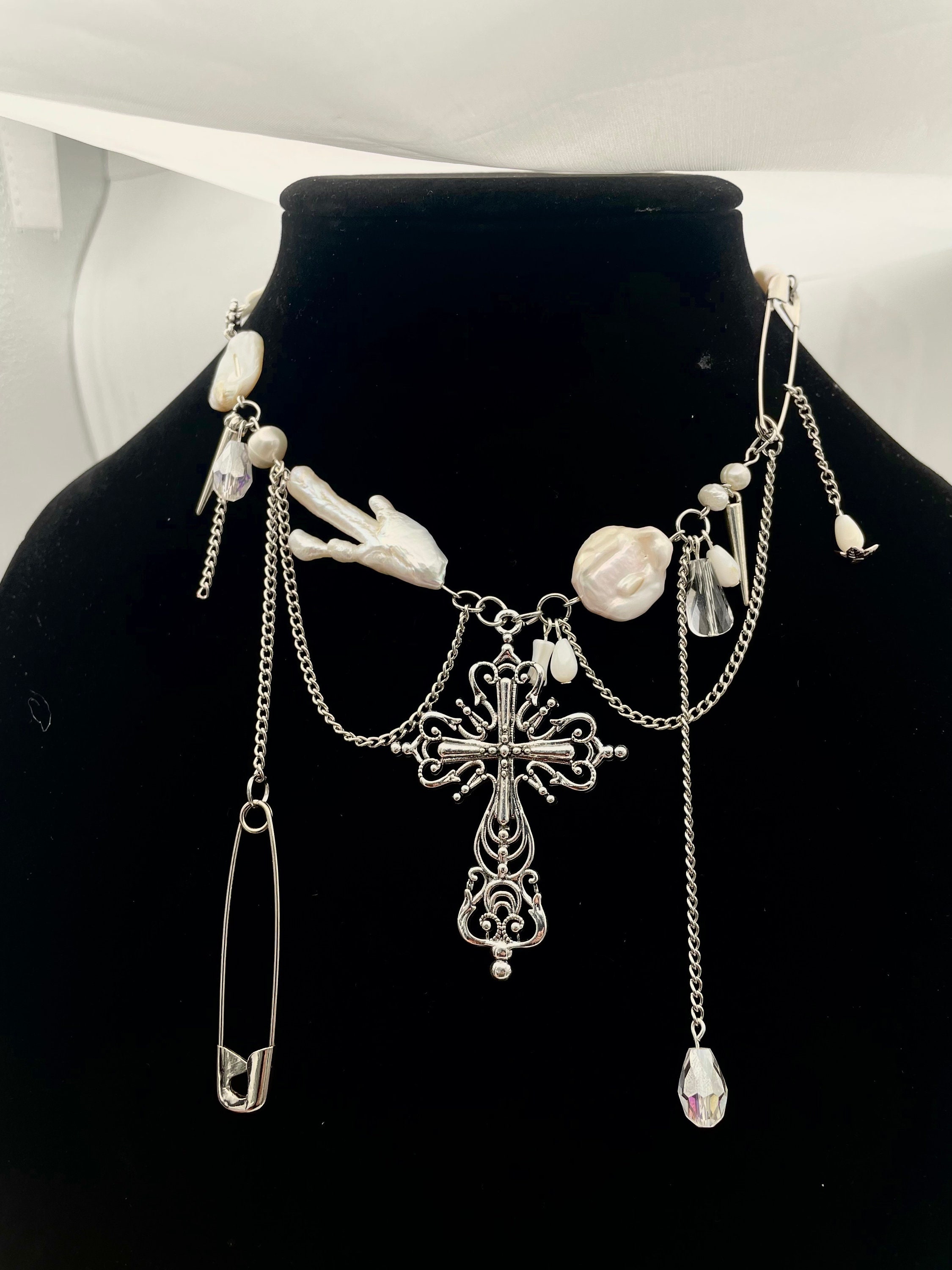 Unique Pearl Safety Pin Necklace Alternative Cross Dangle Chain White Pearl and Metal Charms for ...