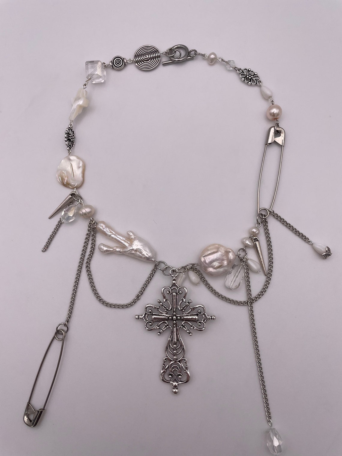 Unique Pearl Safety Pin Necklace Alternative Cross Dangle Chain White Pearl and Metal Charms for ...