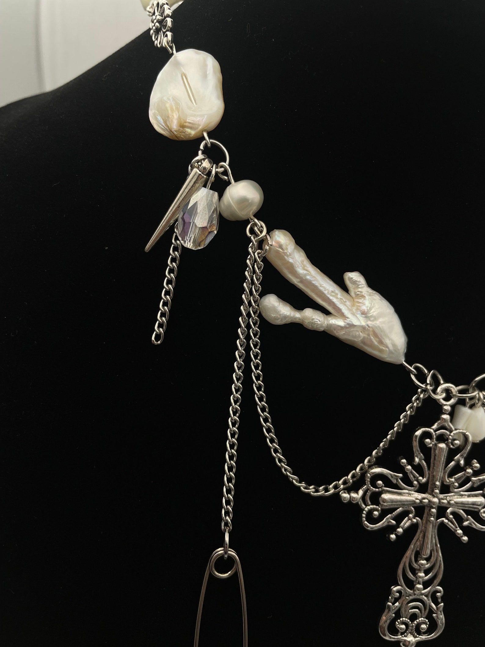 Unique Pearl Safety Pin Necklace Alternative Cross Dangle Chain White Pearl and Metal Charms for ...