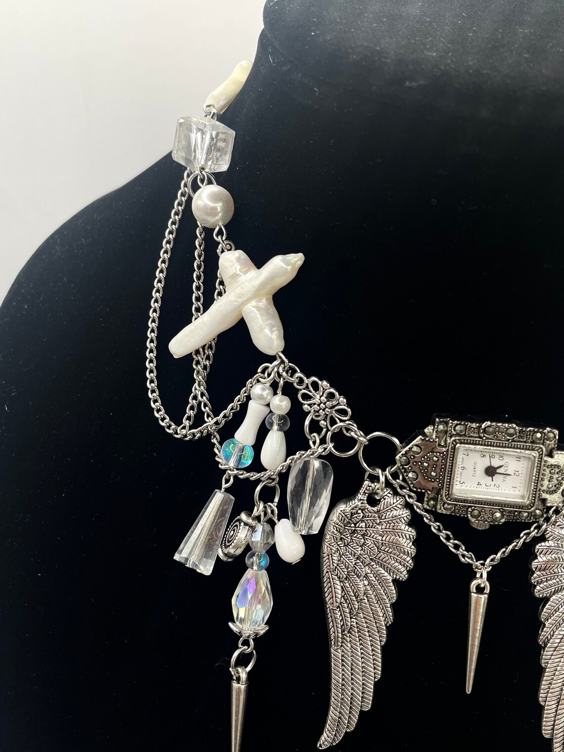 Ethereal Angel Wing Clock Necklace Geneva Clock Face Irregular Pearls ...