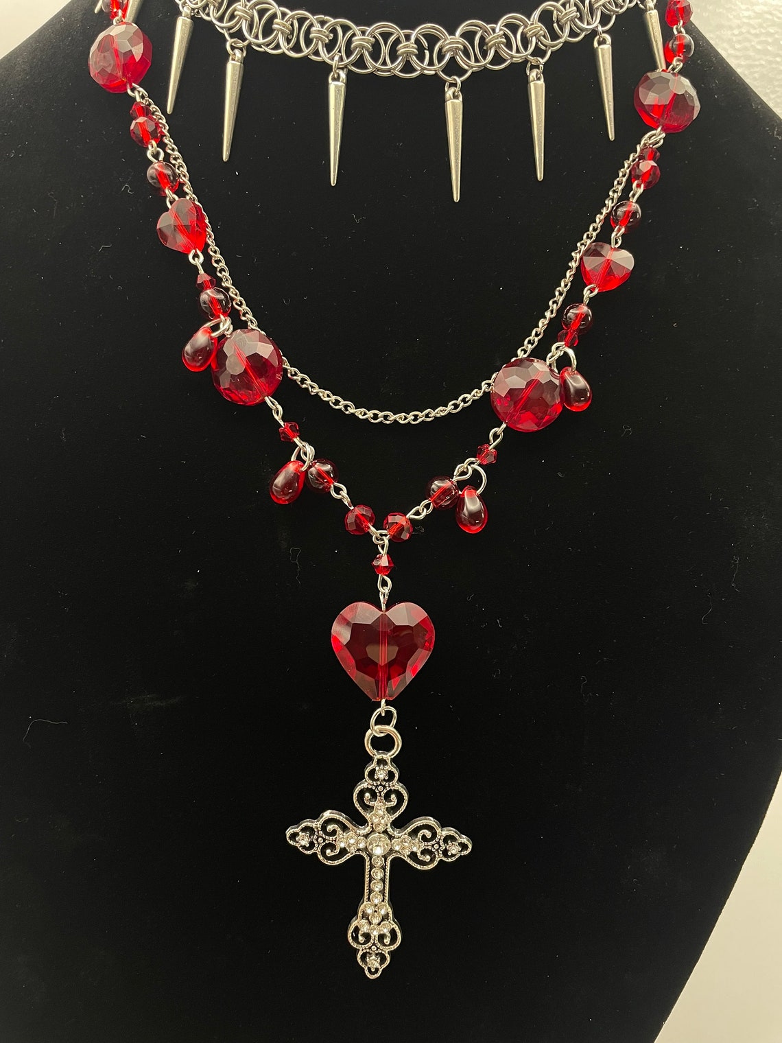 Chainmail Red Spiked Necklace Three Stranded Gothic Valentines Day ...