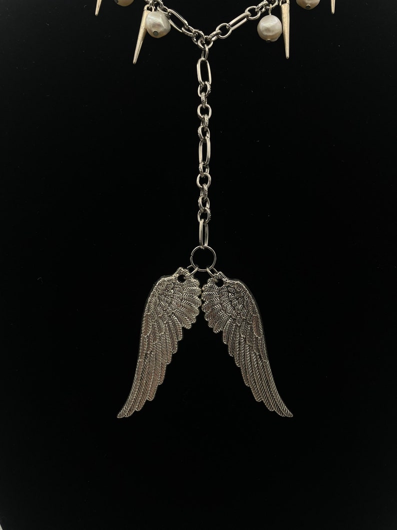 Angel Wing Chain Spiked Necklace With Freshwater Pearls and Rosary ...