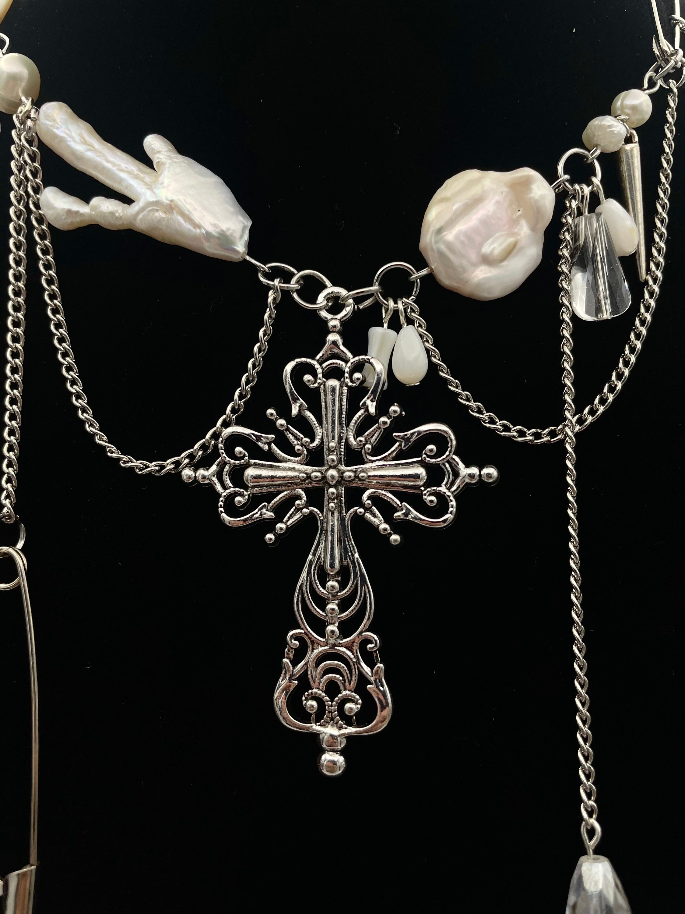 Unique Pearl Safety Pin Necklace Alternative Cross Dangle Chain White Pearl and Metal Charms for ...