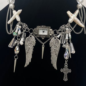 Ethereal Angel Wing Clock Necklace Geneva Clock Face Irregular Pearls ...