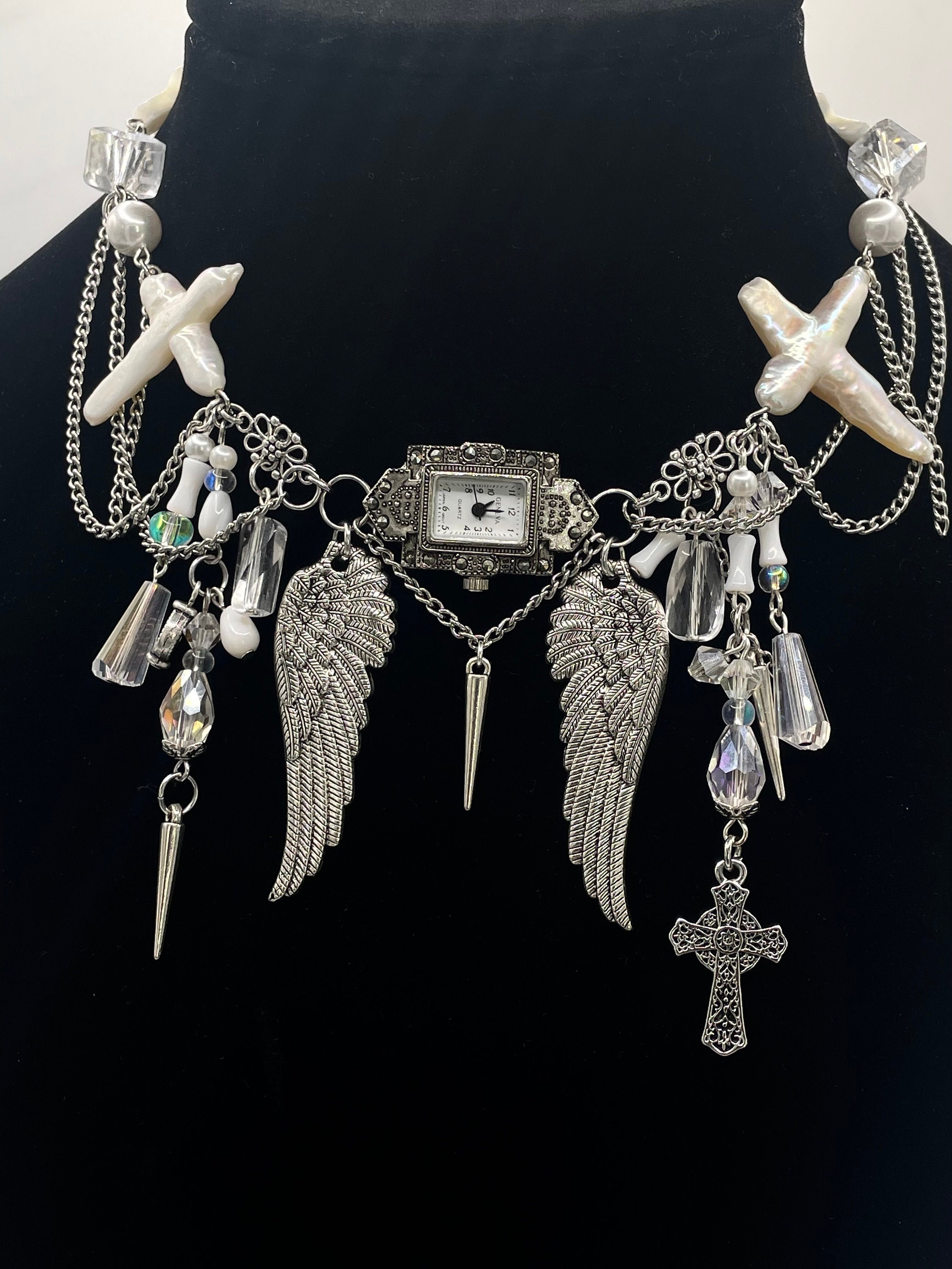 Ethereal Angel Wing Clock Necklace Geneva Clock Face Irregular Pearls ...
