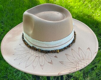 CUSTOM HAND BURNED Wide Brim Hat Branded Hat Flowers and Leaves Burned Hat Western Hat Wide Brim ...