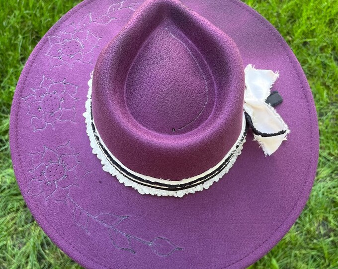 CUSTOM HAND BURNED Wide Brim Hat | Branded Hat | Flowers and Leaves | Burned Hat | Western Hat ...