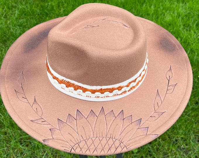 CUSTOM HAND BURNED Wide Brim Hat Branded Hat Flowers and Leaves Burned Hat Western Hat Wide Brim ...