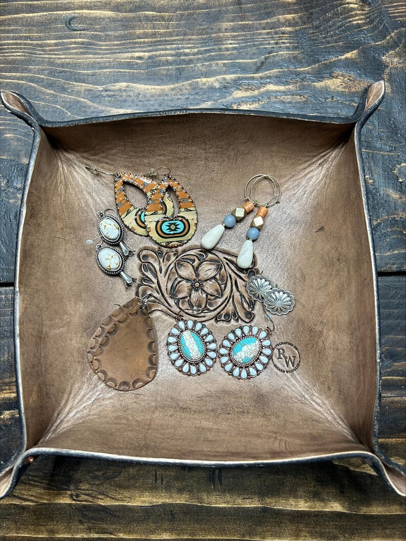 Tooled Leather Valet Tray, Mandala Design, Catch All, Weathered Western Decor, Hand Tooled ...