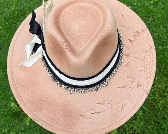 CUSTOM HAND BURNED Wide Brim Hat Branded Hat Flowers and Leaves Burned Hat Western Hat Wide Brim ...