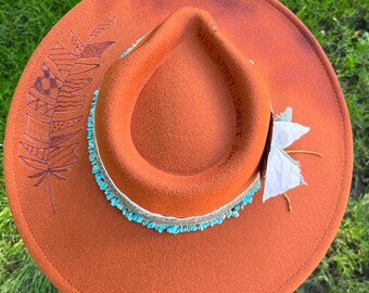CUSTOM HAND BURNED Wide Brim Hat Branded Hat Flowers and Leaves Burned Hat Western Hat Wide Brim ...