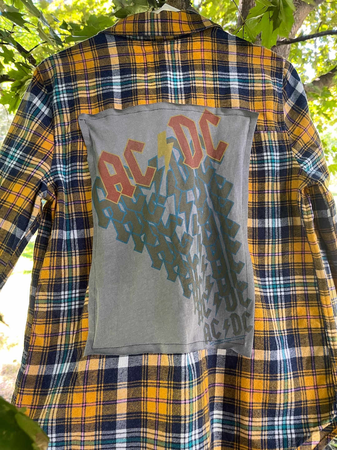 Upcycled Graphic Flannel Shirt: Women's Plaid Top, AC/DC Design - Etsy