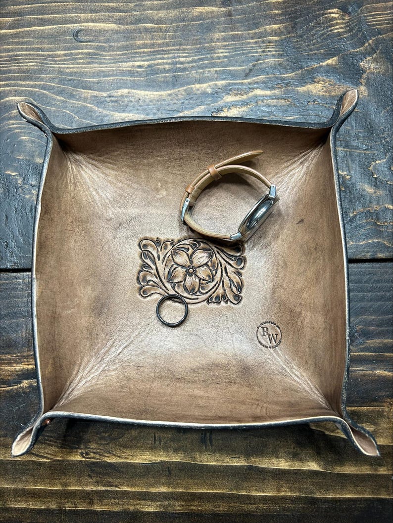 Tooled Leather Valet Tray, Mandala Design, Catch All, Weathered Western Decor, Hand Tooled ...