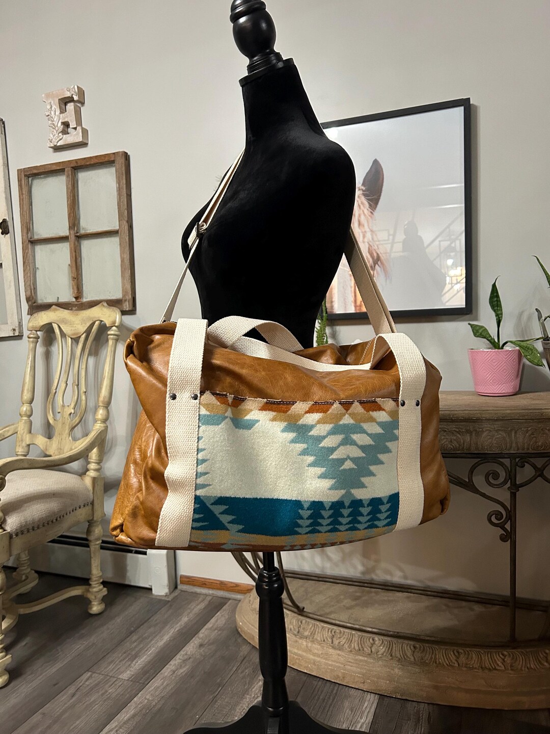 Handmade Leather Duffle Bag With Pendleton Wool Patch Perfect Travel or ...