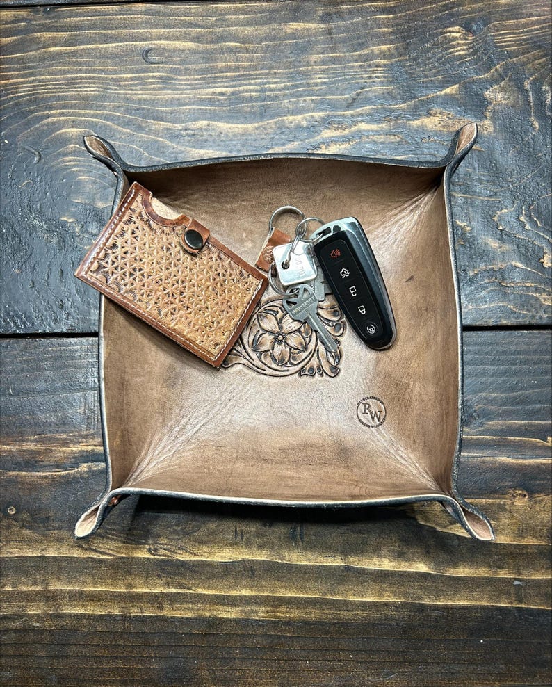 Tooled Leather Valet Tray, Mandala Design, Catch All, Weathered Western Decor, Hand Tooled ...