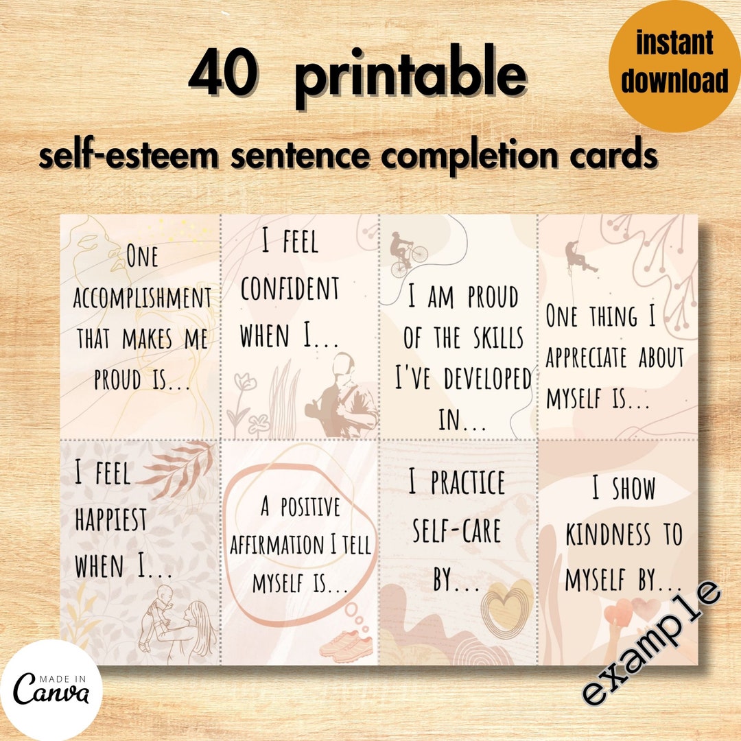 40 Printable Self-esteem Sentence Completion Cards, Self-respect, Self ...