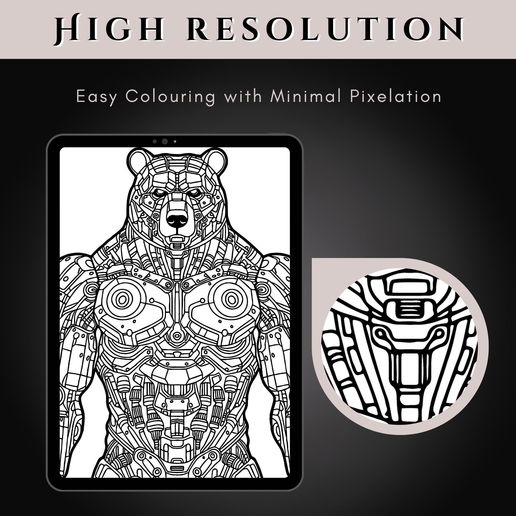 Robo-bear Digital Coloring Page: 1 Original Hand Drawn Design Available ...