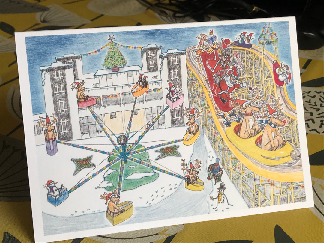 Santa on Roller Coaster Rudolf Card Amusement Card Seaside Christmas ...