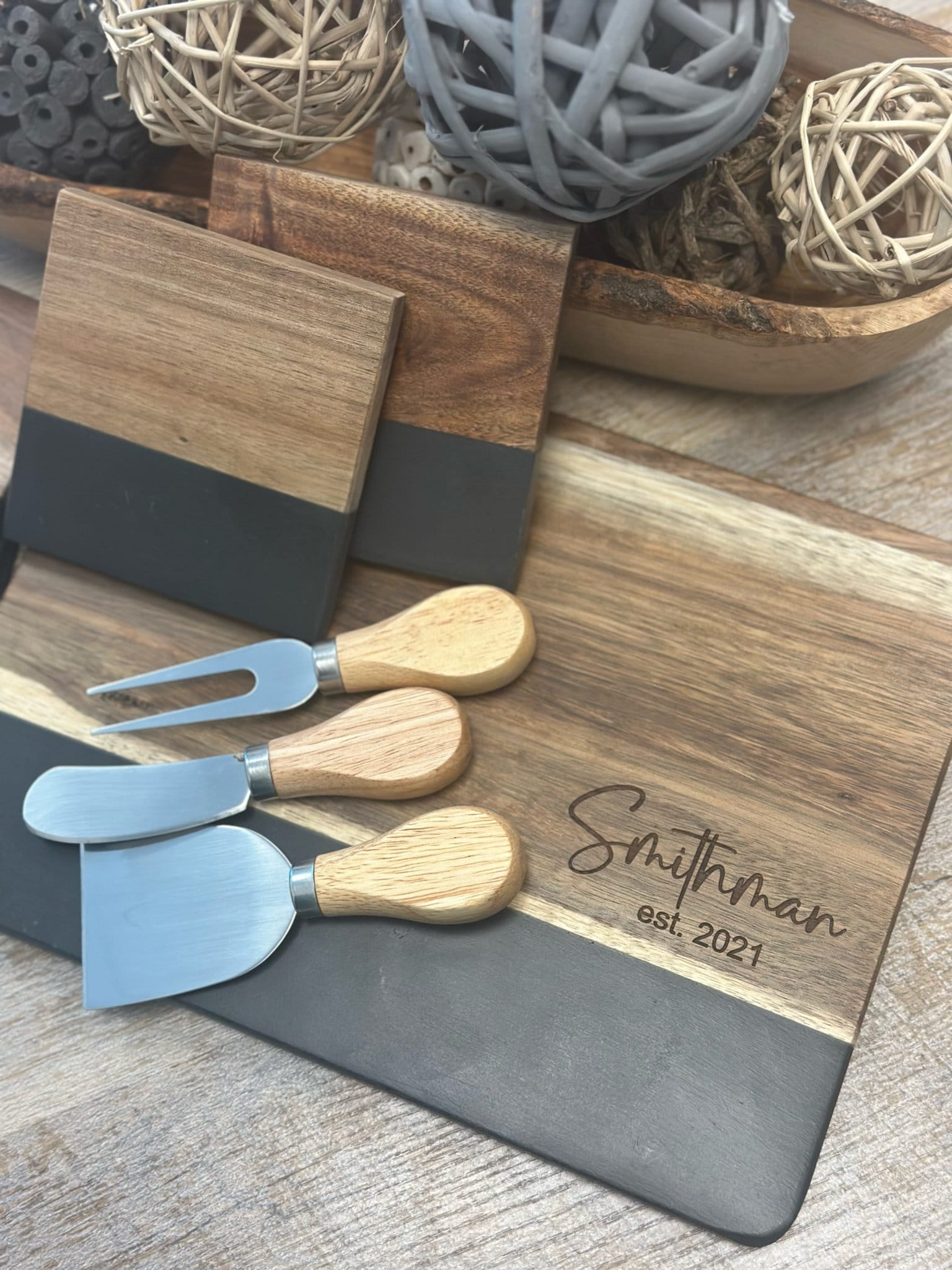 Personalized Acacia and Marble or Slate Serving Board and Set of ...