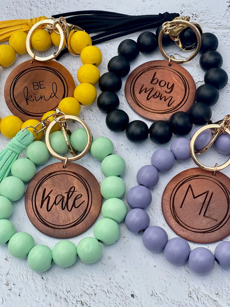 Monogram Wood Bead Wristlet Keychain: Personalized Bangle Key Holder - Etsy