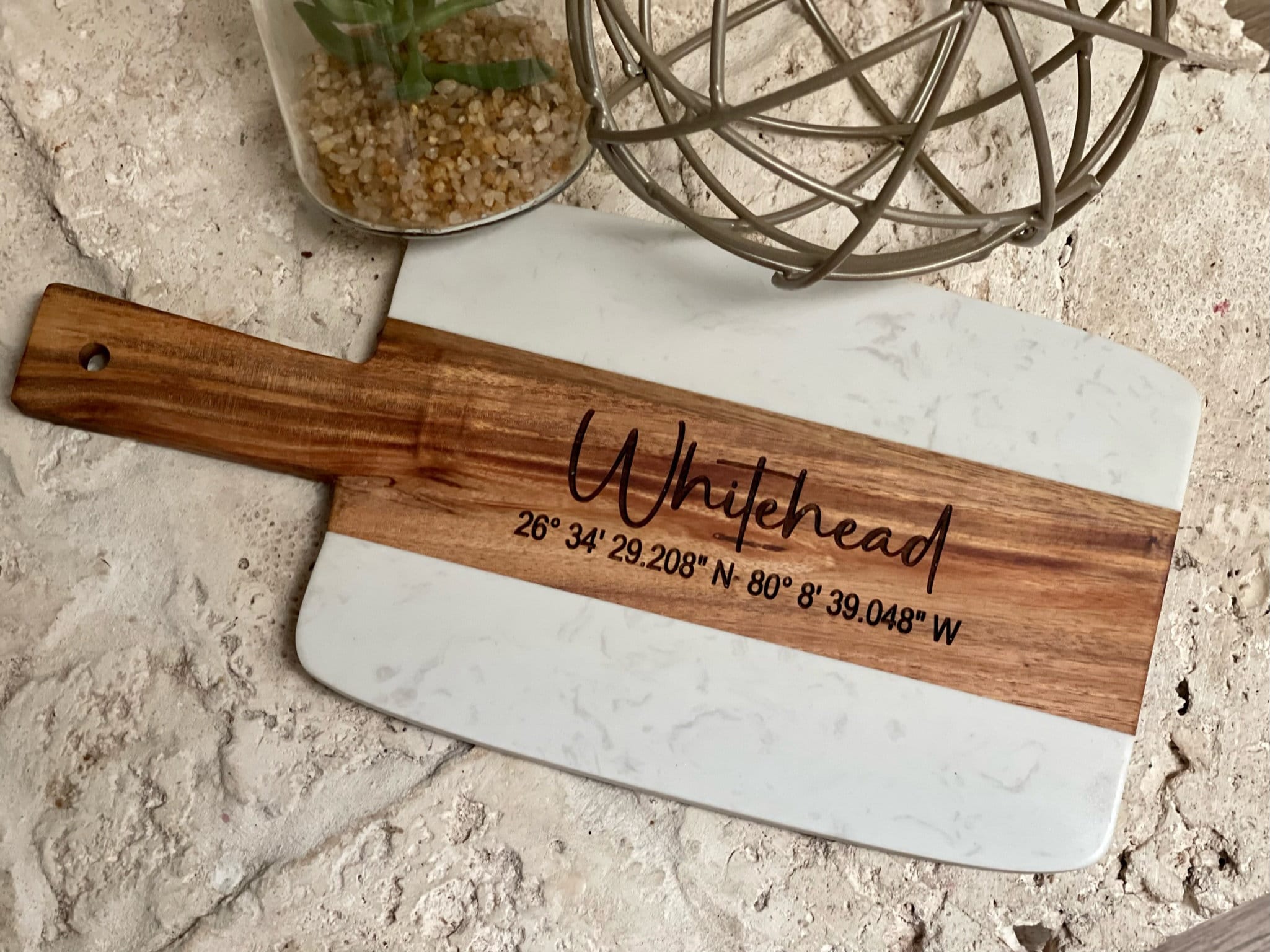 Personalized Acacia and Marble Serving Board and Set of Marble Coasters ...