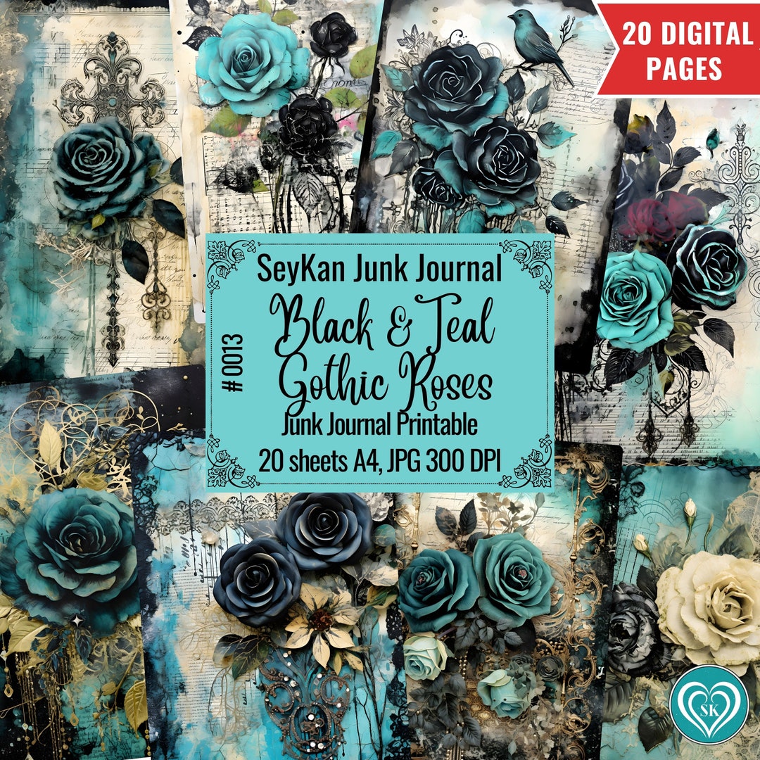 Gothic Black & Teal Roses Distressed Junk Journal Papers 20 Dark Mood ...