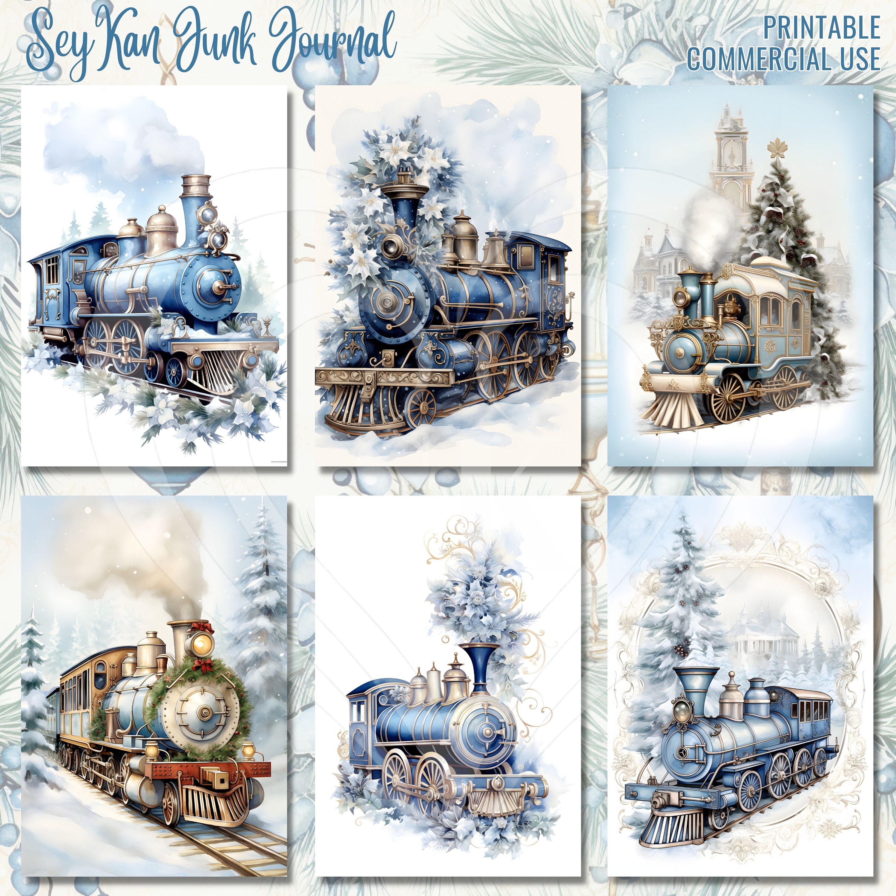Blue Victorian Christmas Train Junk Journal Pages 20 Vintage Flower ...