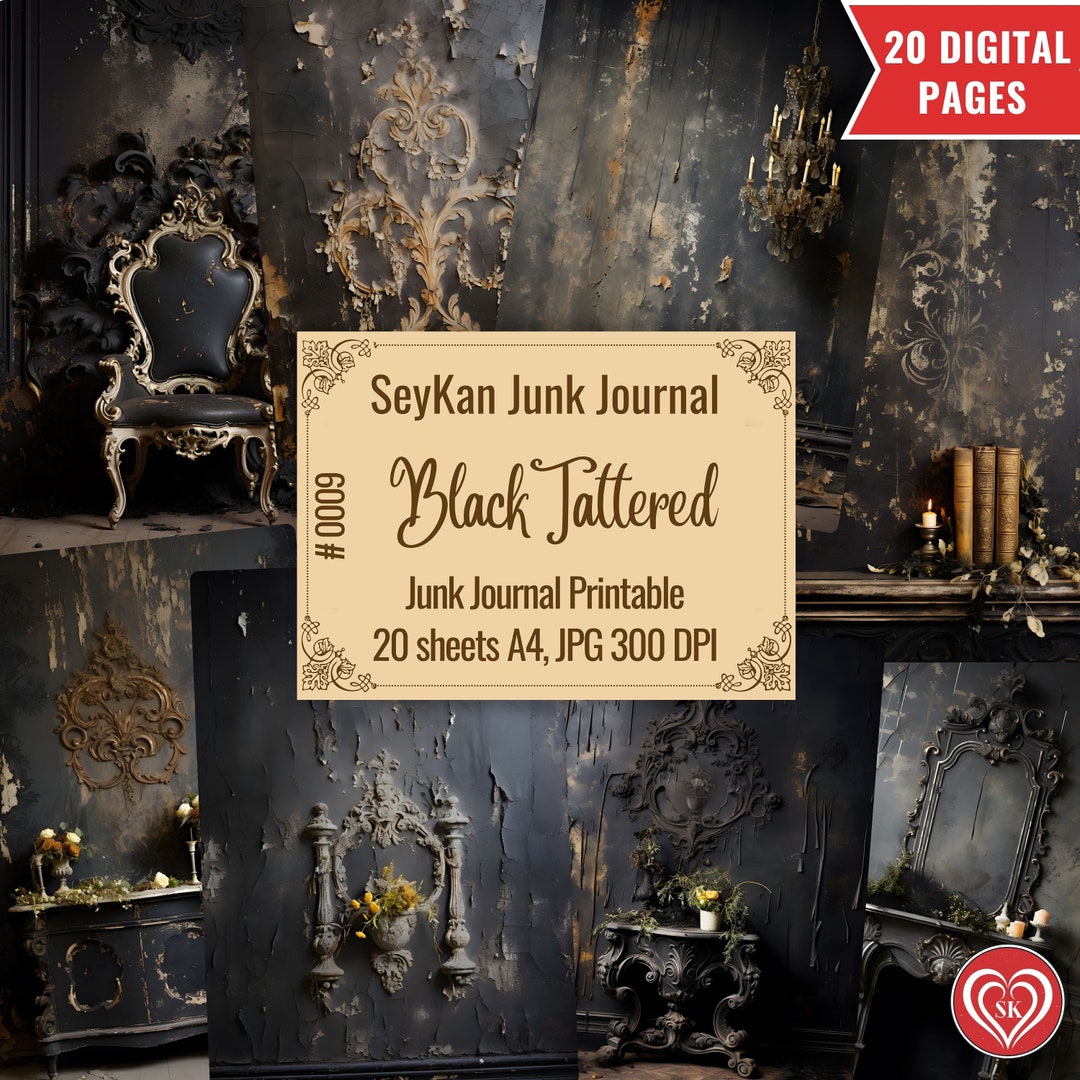 Black Tattered Distressed Junk Journal Papers 20 Antique Wallpaper Dark ...