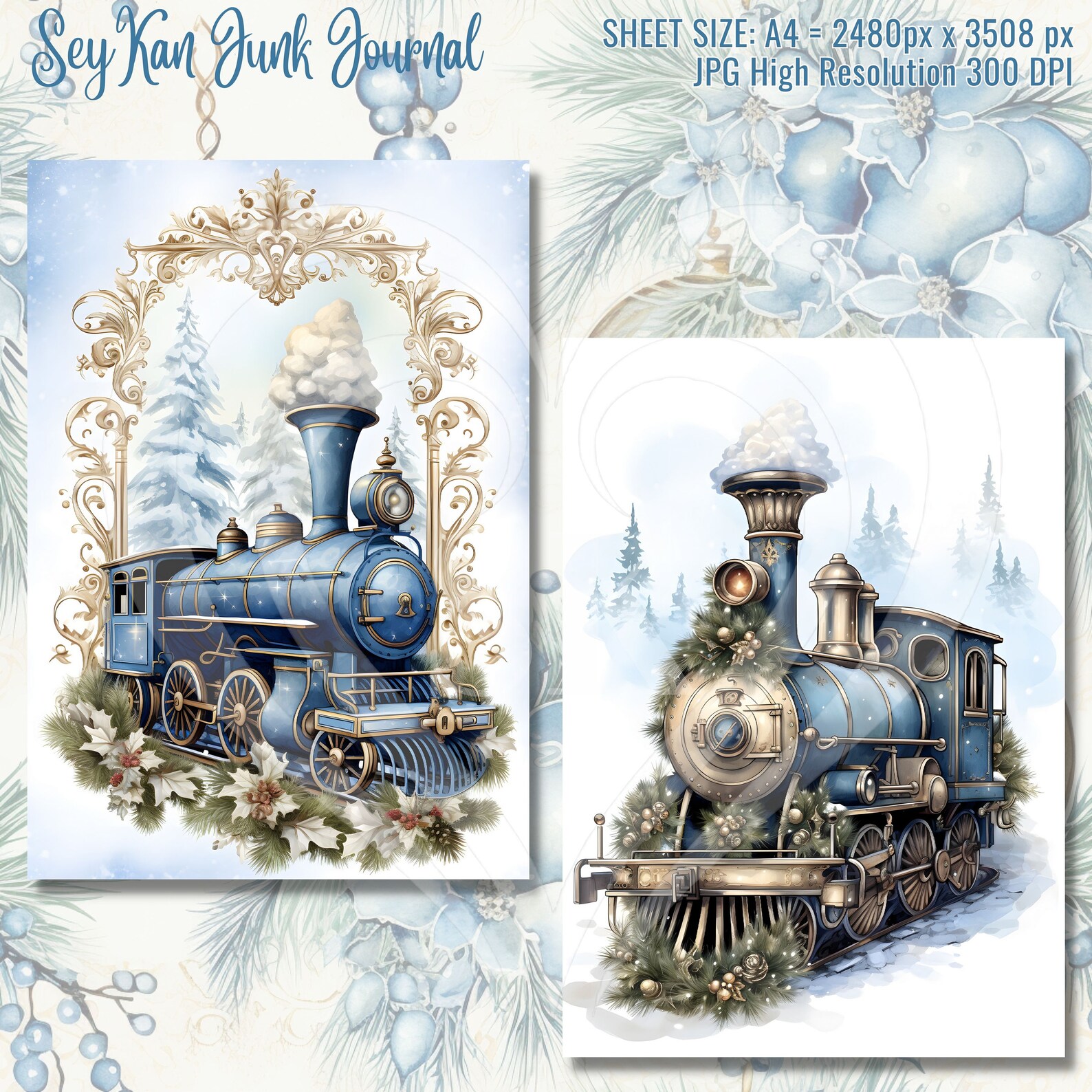 Blue Victorian Christmas Train Junk Journal Pages 20 Vintage Flower ...