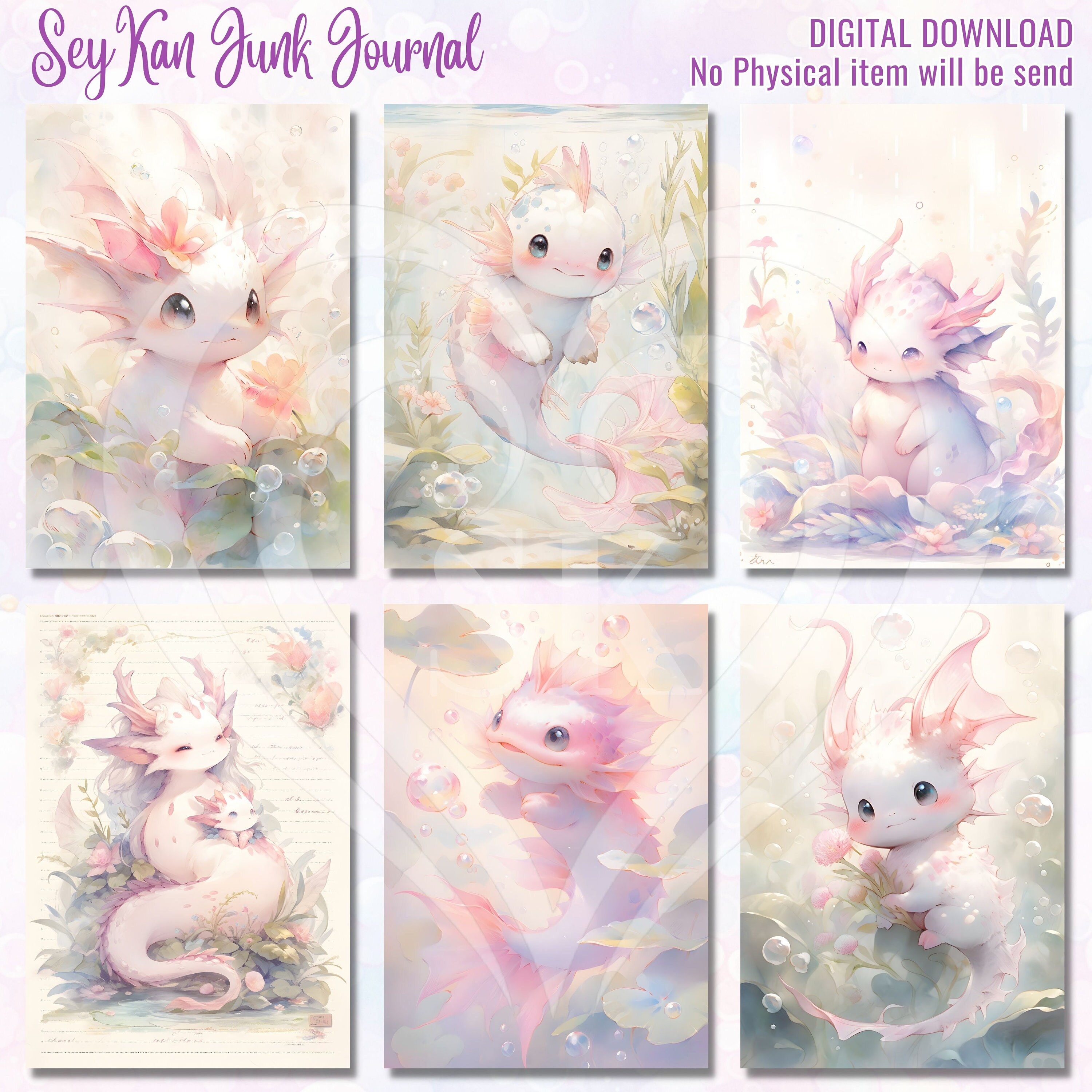 Axolotl Junk Journal 30 Pages Axolotle Pink Cute Smiling Happy Kawaii ...