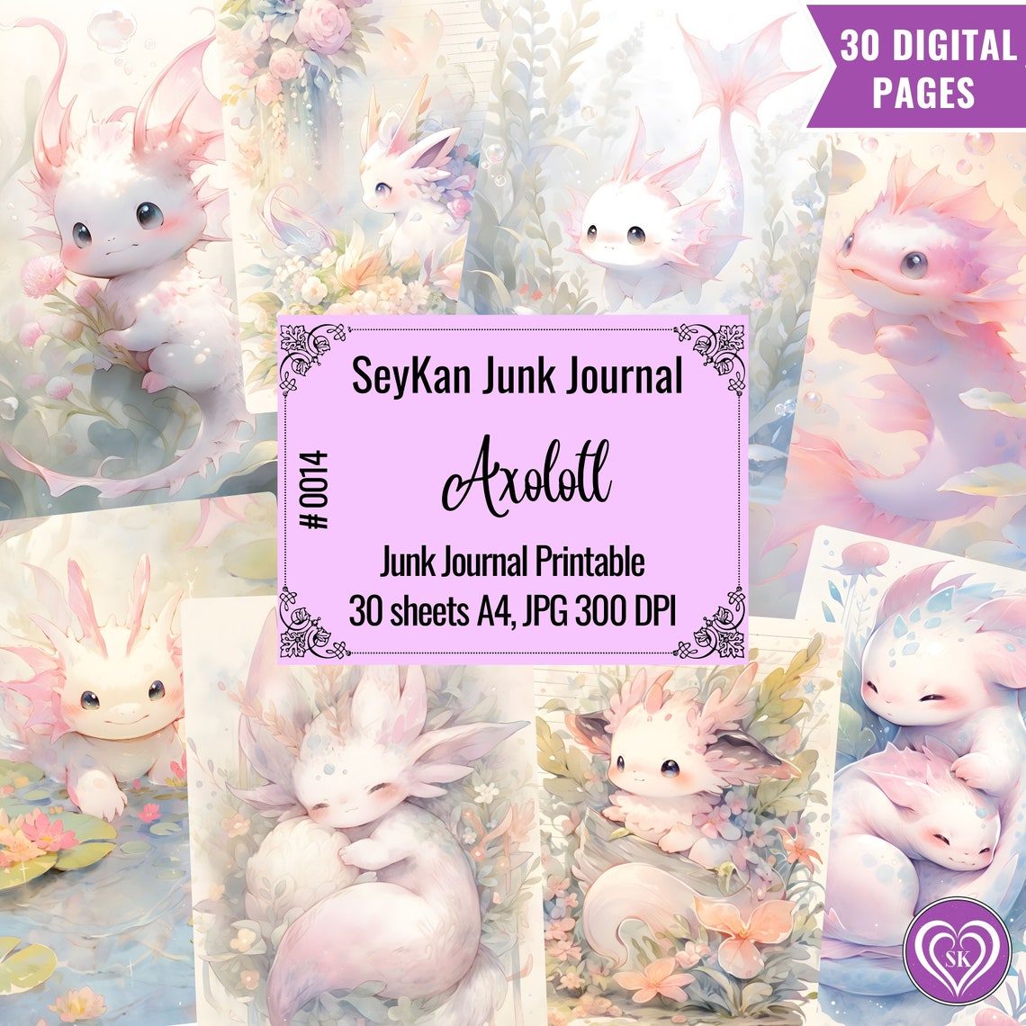Axolotl Junk Journal 30 Pages Axolotle Pink Cute Smiling Happy Kawaii ...