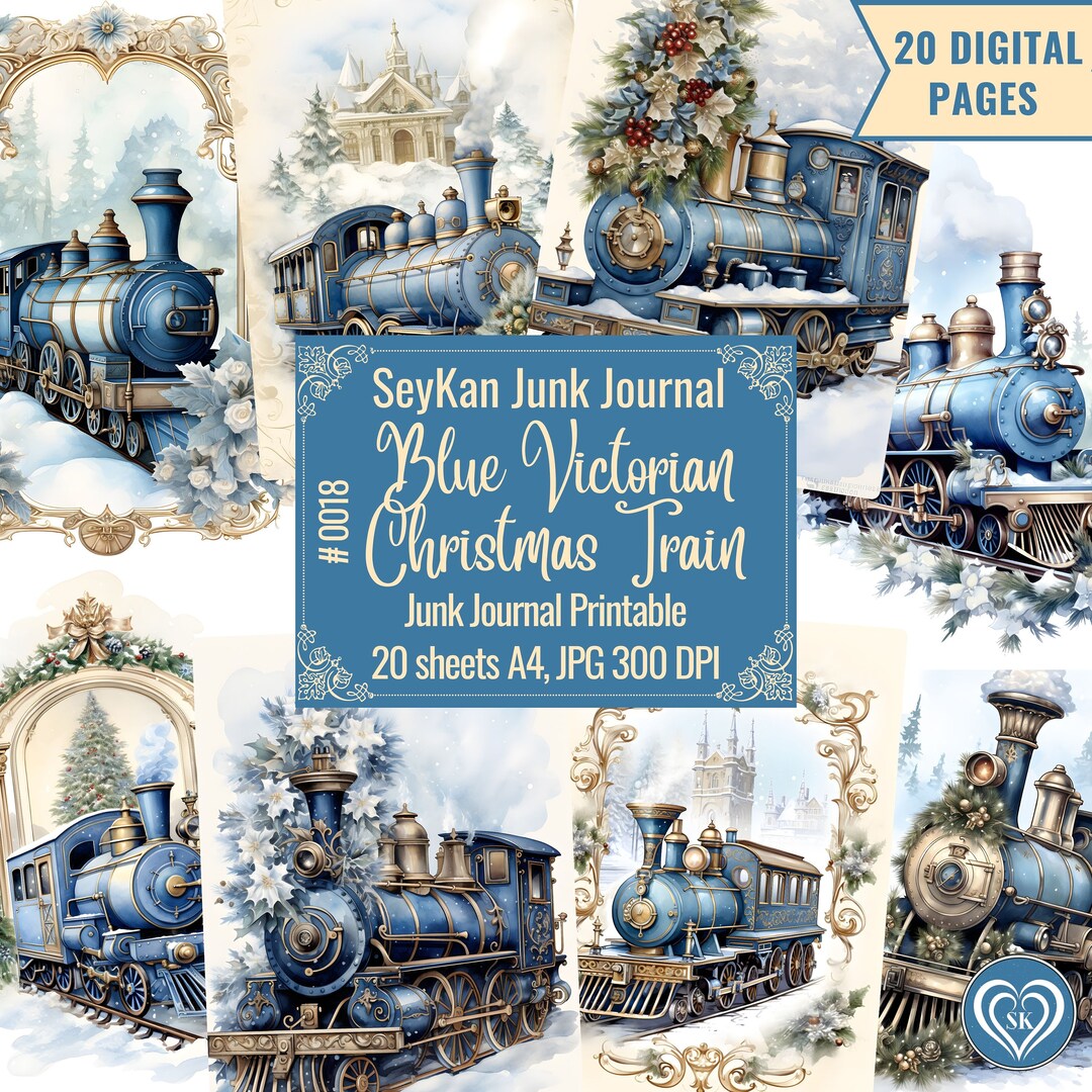 Blue Victorian Christmas Train Junk Journal Pages 20 Vintage Flower ...