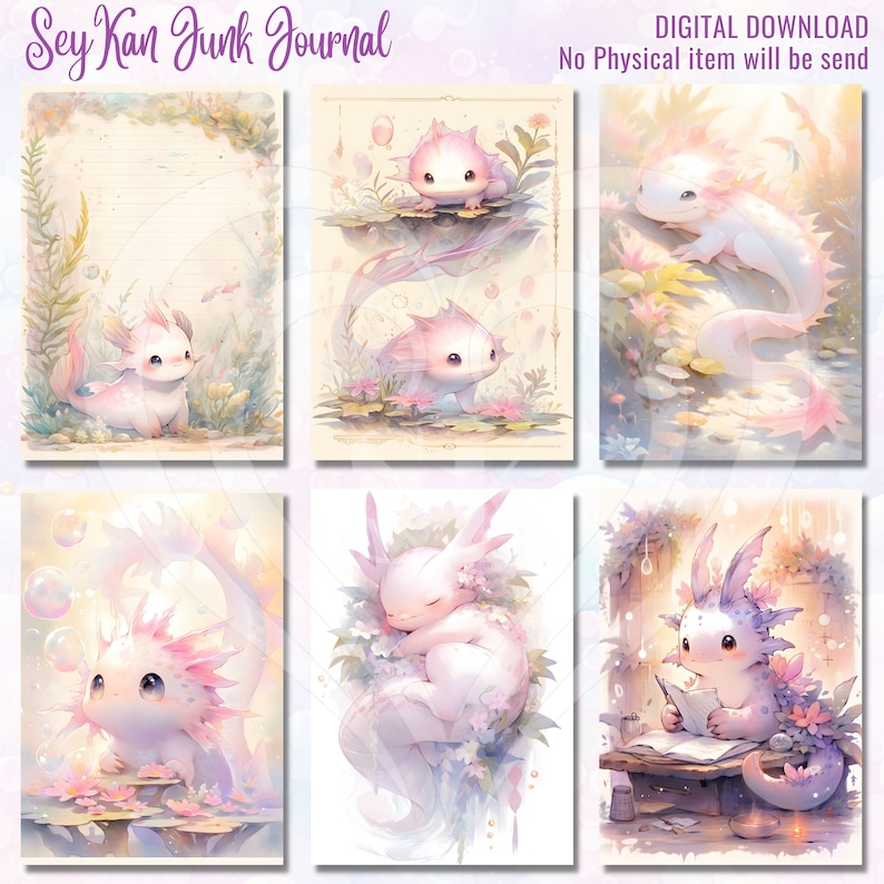 Axolotl Junk Journal 30 Pages Axolotle Pink Cute Smiling Happy Kawaii ...