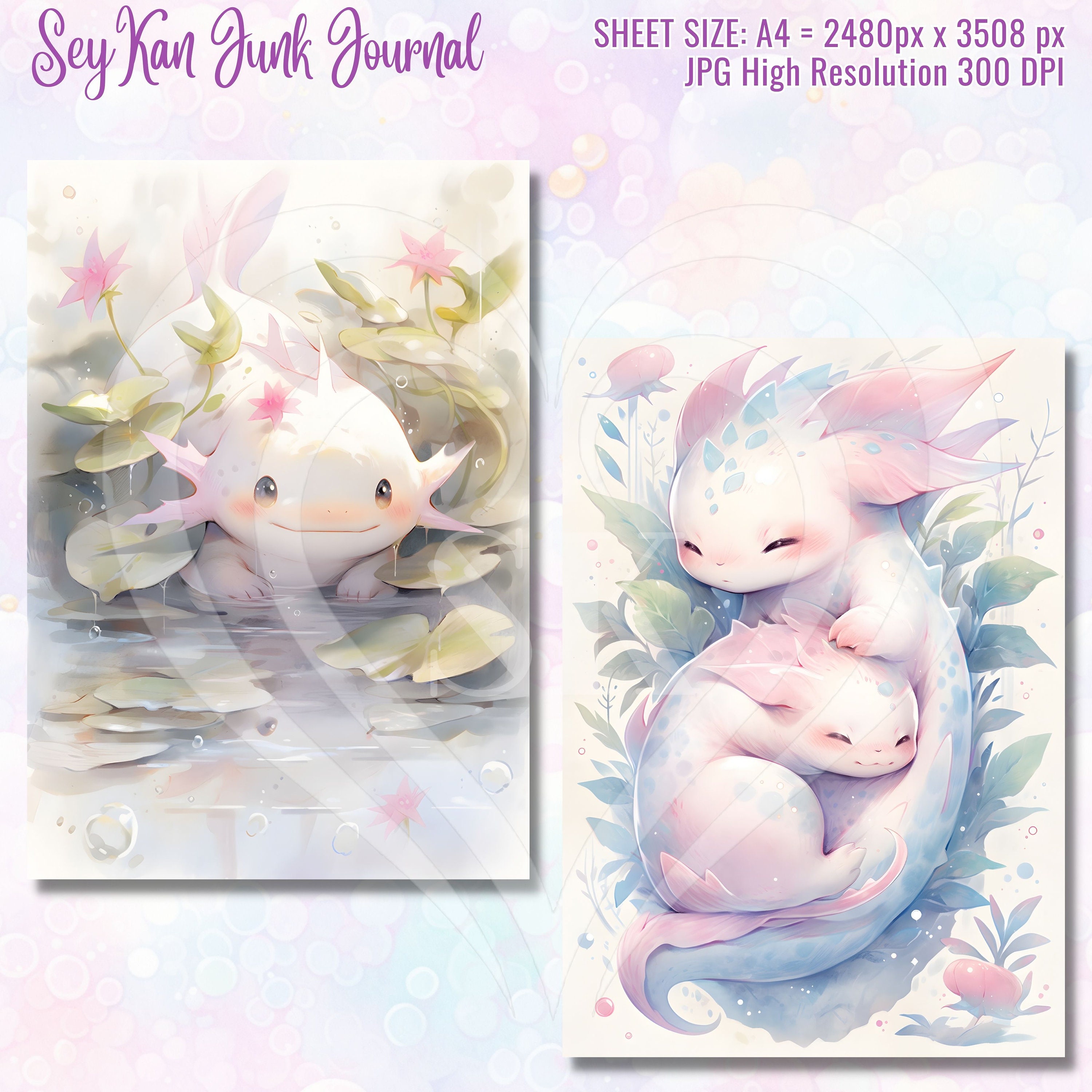 Axolotl Junk Journal 30 Pages Axolotle Pink Cute Smiling Happy Kawaii ...