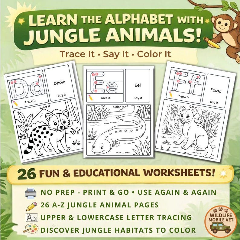 Alphabet Tracing Worksheets for Preschool | Jungle Animal Coloring Book ...