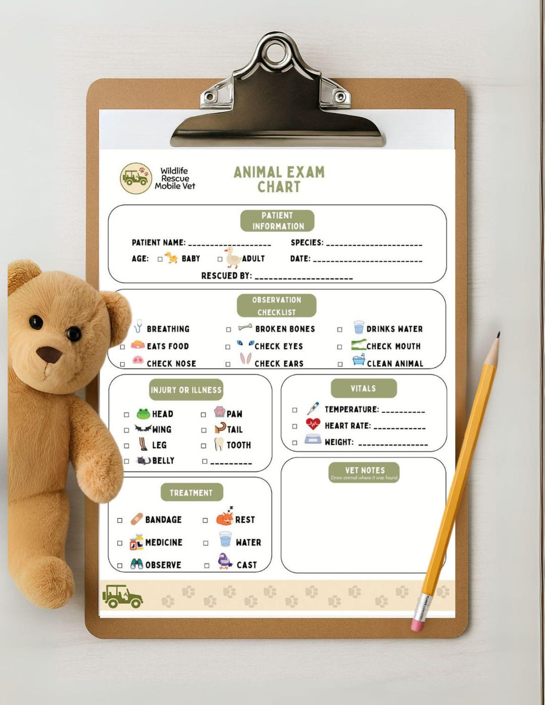 Printable Vet Exam Chart: Wildlife Rescue Doctor Pretend Play (PDF ...
