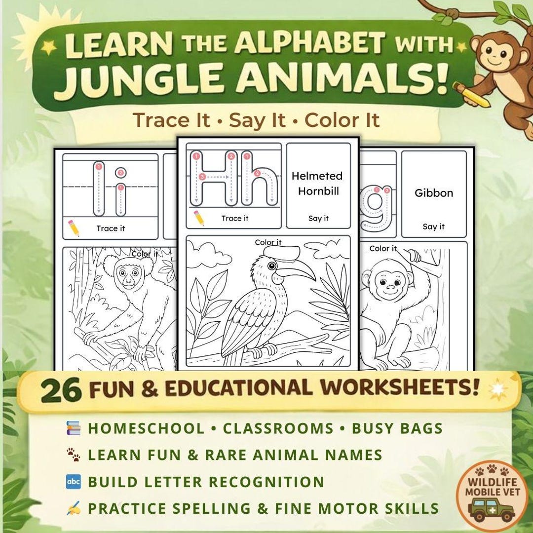 Alphabet Tracing Worksheets for Preschool | Jungle Animal Coloring Book ...