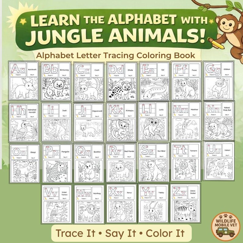 Alphabet Tracing Worksheets for Preschool | Jungle Animal Coloring Book ...