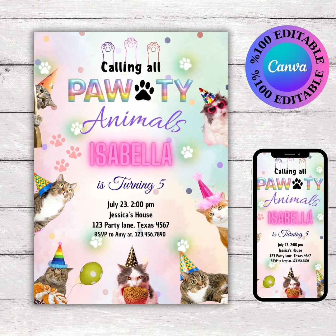 Editable Cat Birthday Party Invitation Kitten Birthday Invite Calling ...