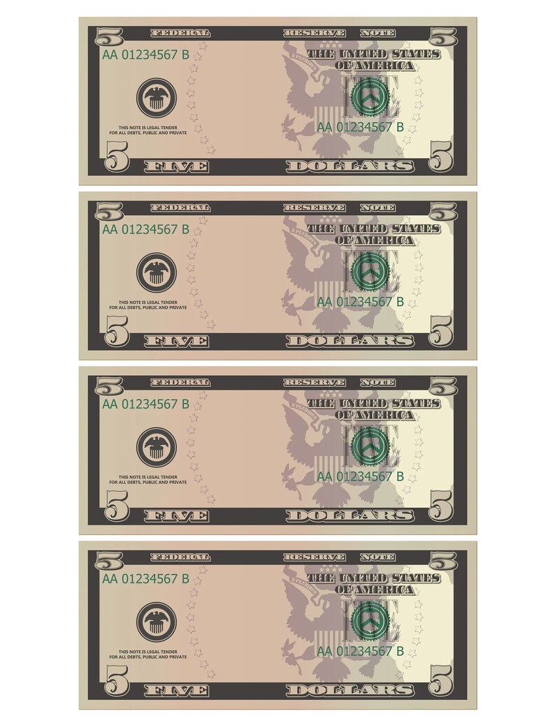 Dollar Bill Templates Printable Letter Page With 4 Real Size Dollar ...