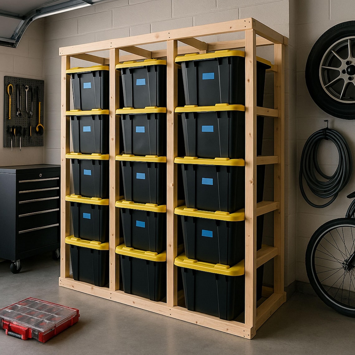 DIY Storage Bin Rack, 15 Gallon Tote Rack, Garage Organizer, Wood ...