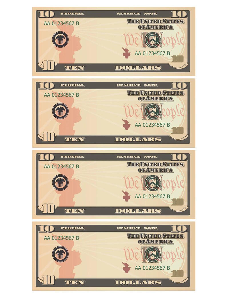 Dollar Bill Templates Printable Letter Page With 4 Real Size Dollar ...