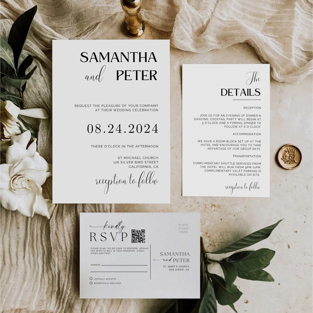 Wedding Invitation With QR Code, Minimal Wedding Invite Suite, Modern ...