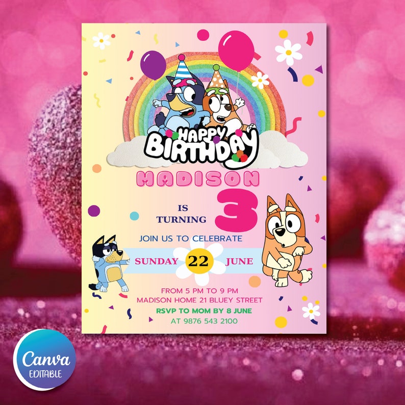 Girl Bluey Birthday Invitation Template Bluey Invitation Digital Bluey ...