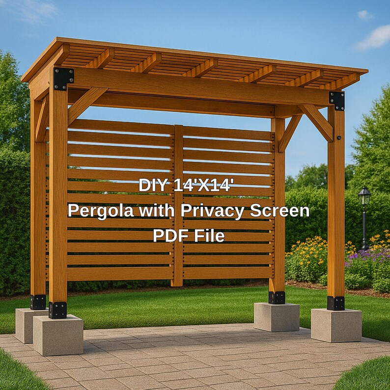 14x14 Pergola Plan, Backyard Pergola With Privacy Screen, DIY Wood ...