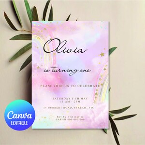 Editable Rainbow Party Invitation Gold Glitter Sprinkles Ombre Pastel ...