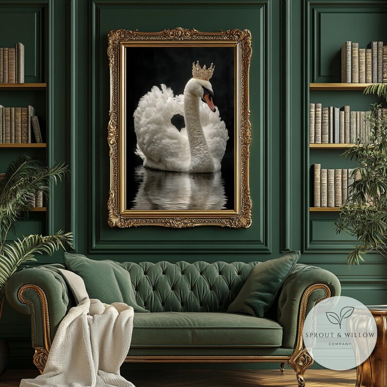 Regal White Swan With Crown Dark Luxury Animal Print Digital Download ...