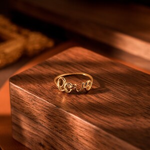 18K Dainty Love Ring, Gold Plating Script Love Ring, 925 Sterling Silver Ring, Valentine's Day ...